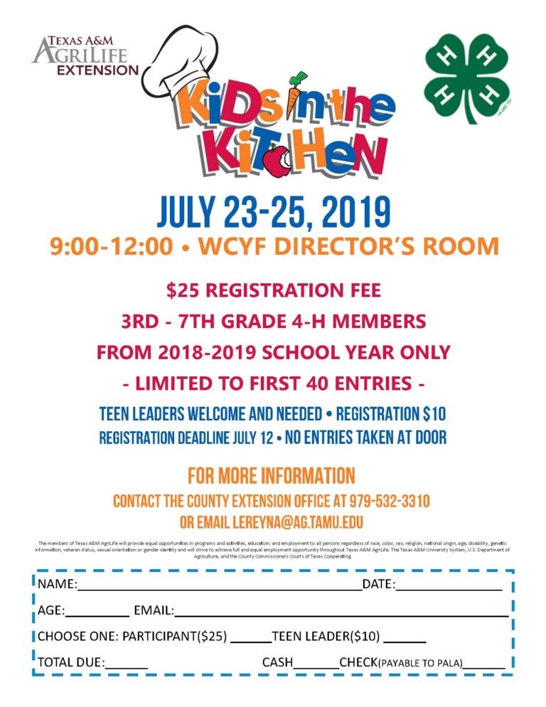 2019 Kids in the Kitchen Registration - Wharton County 4-H